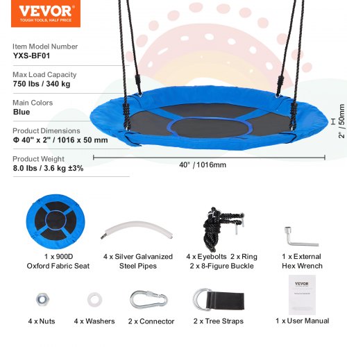 VEVOR Tree Swing 40 In Saucer Swing 750lbs Weight Capacity 900D Oxford ...