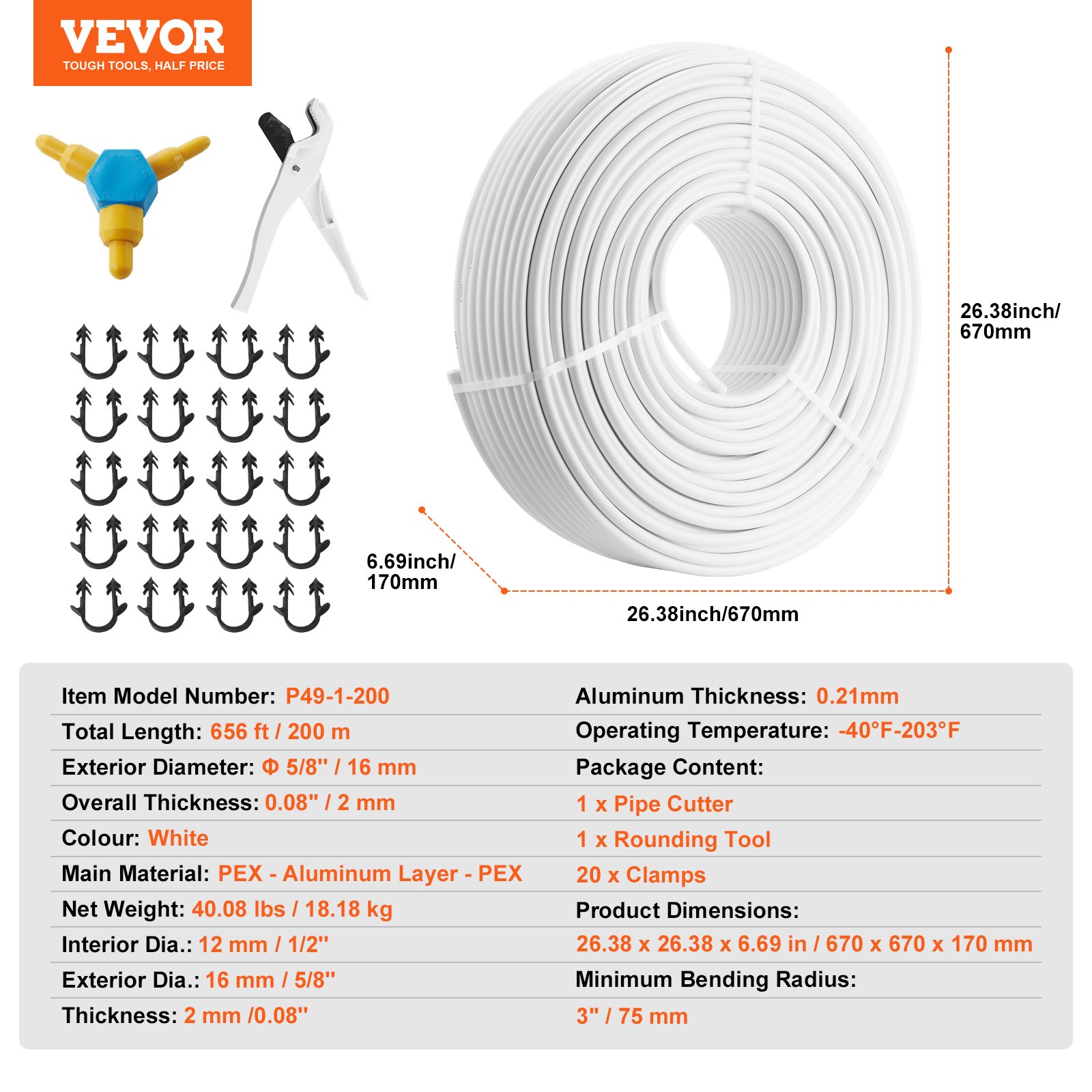 VEVOR PEX-AL-PEX Tube, 656ft, 5/8'' Diameter Aluminum-Plastic Composite ...