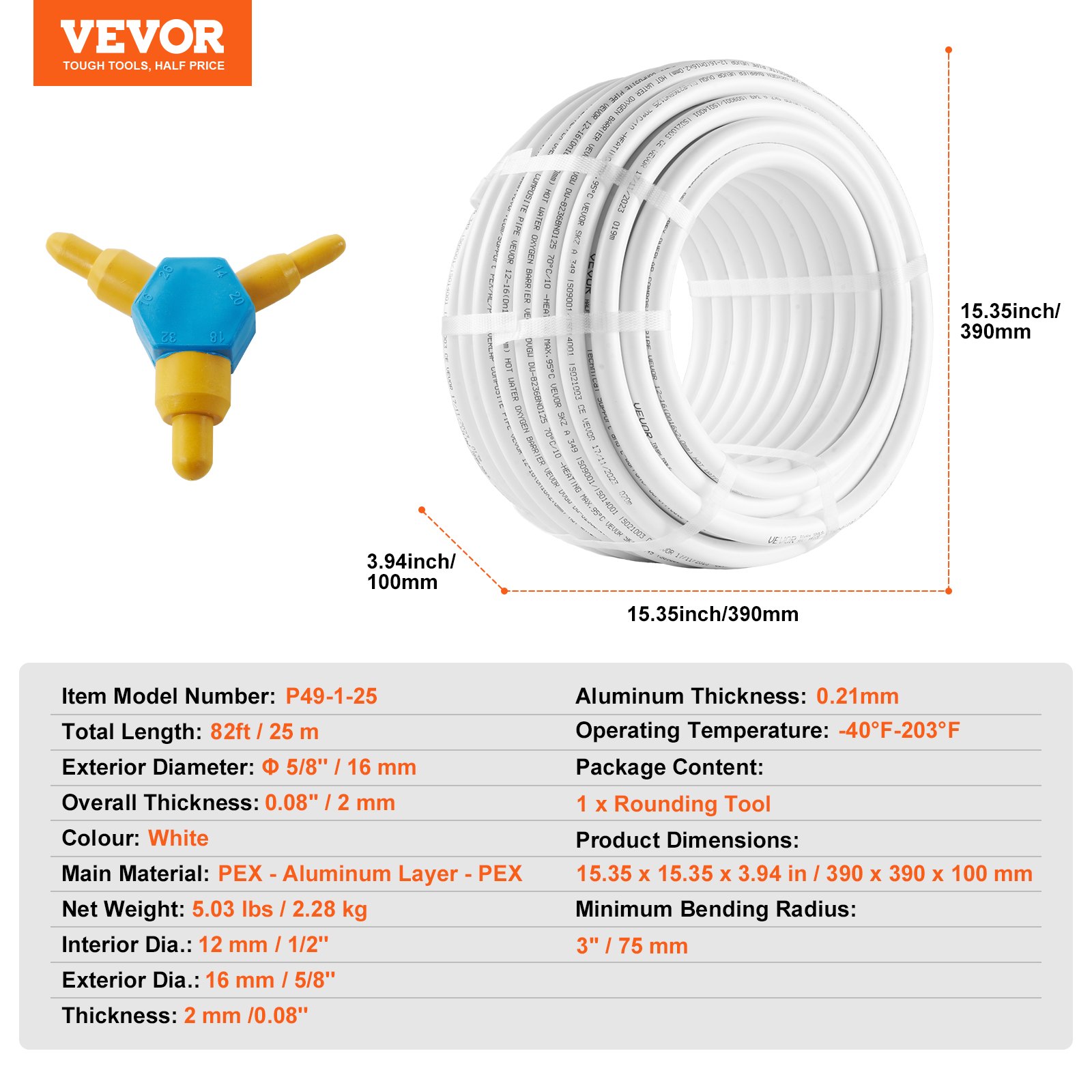 VEVOR PEX-AL-PEX Tube, 82ft, 5/8'' Diameter Aluminum-Plastic Composite ...