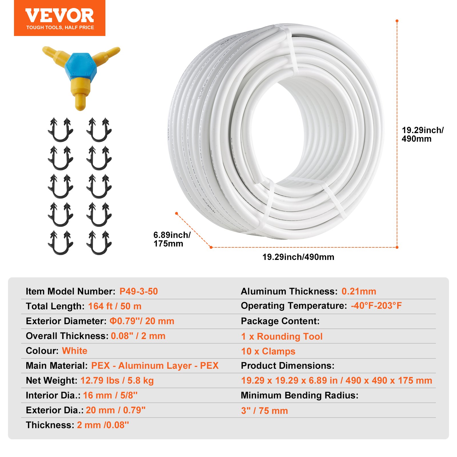 VEVOR VEVOR PEX-AL-PEX Tube,50M, 20mm Diameter Aluminum-Plastic ...