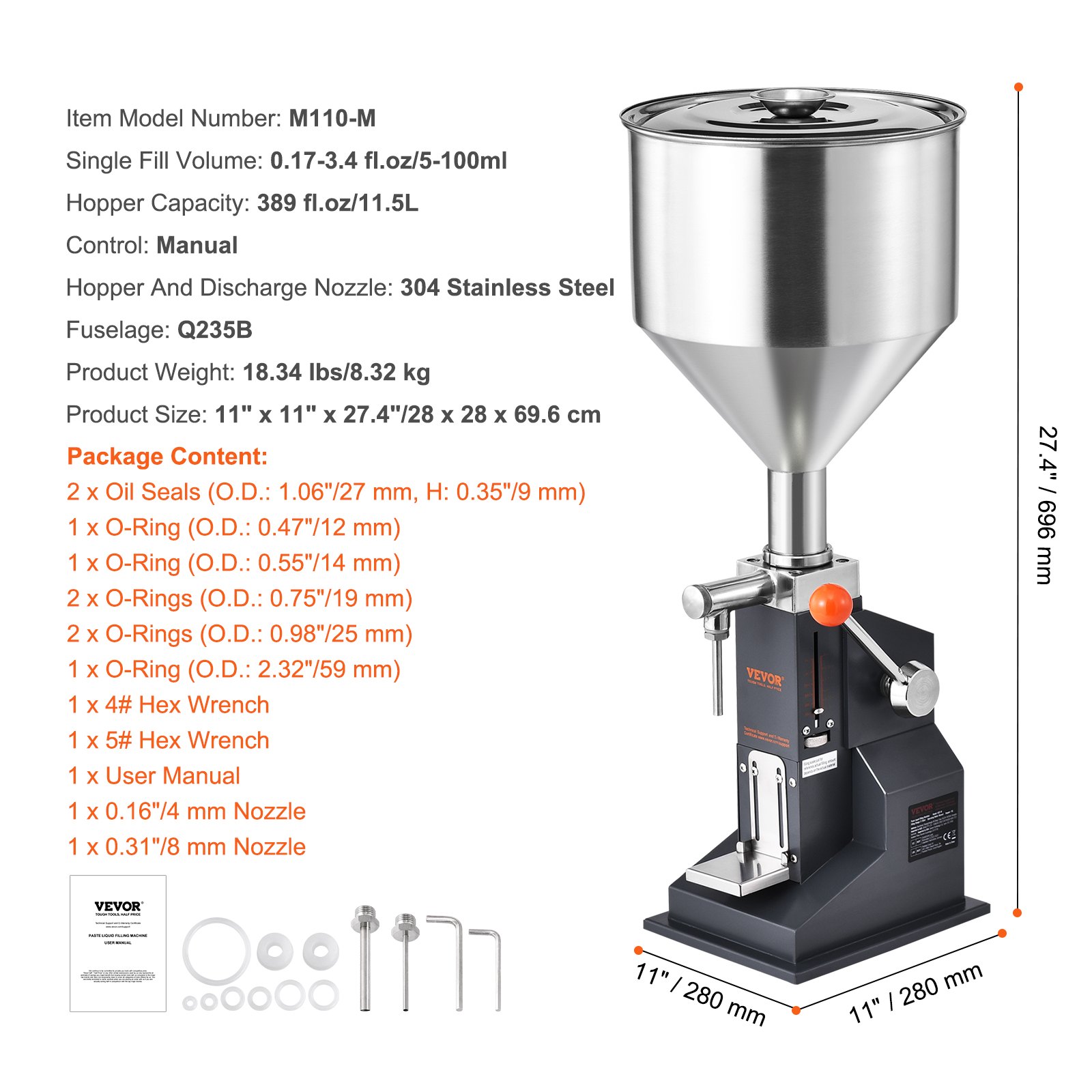 VEVOR Manual Paste Liquid Filling Machine, 5-100ml Bottle Filler ...