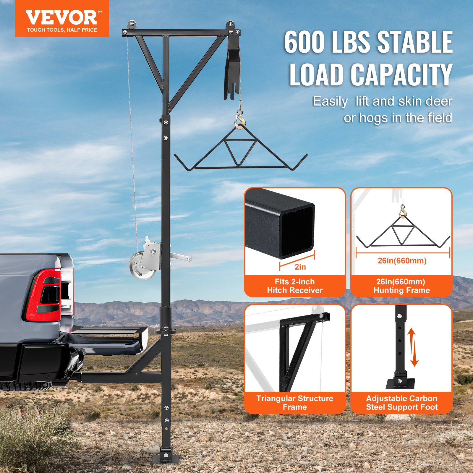 VEVOR Hitch Mounted Deer Hoist Hitch Game Hoist 600lbs Winch Swivel ...