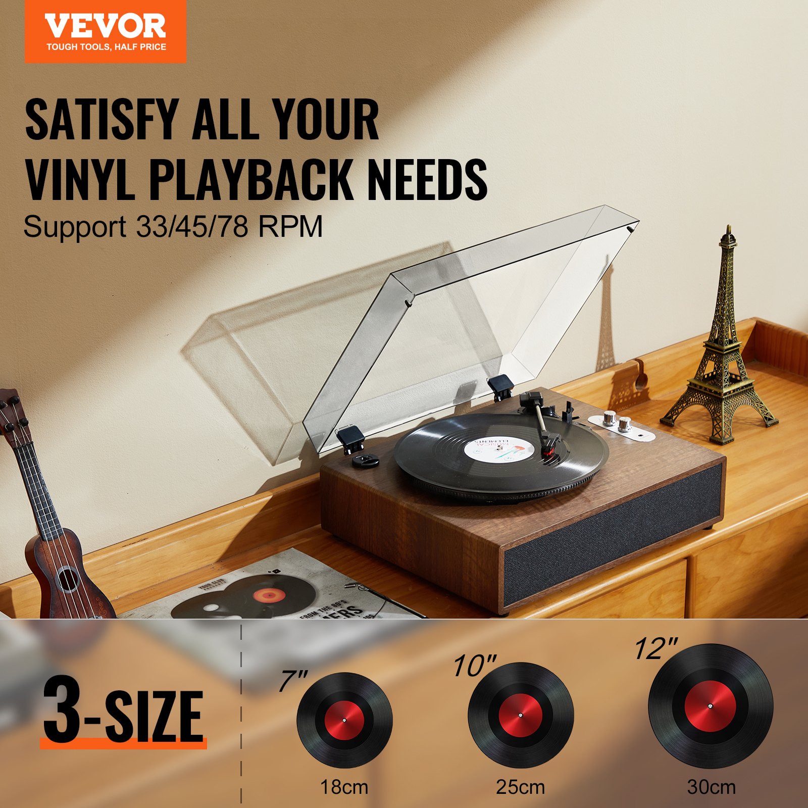 VEVOR Vinyl Record Player, 3-Speed, Belt Driven Turntable Player with ...