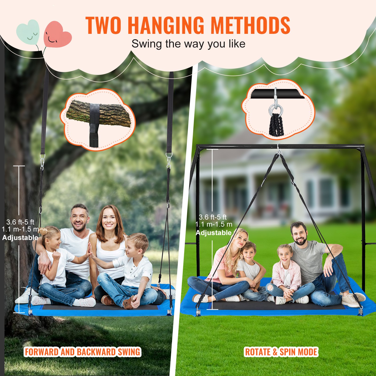 VEVOR Platform Swing 60 Inch Platform Tree Swing for Kids 700lbs Weight ...