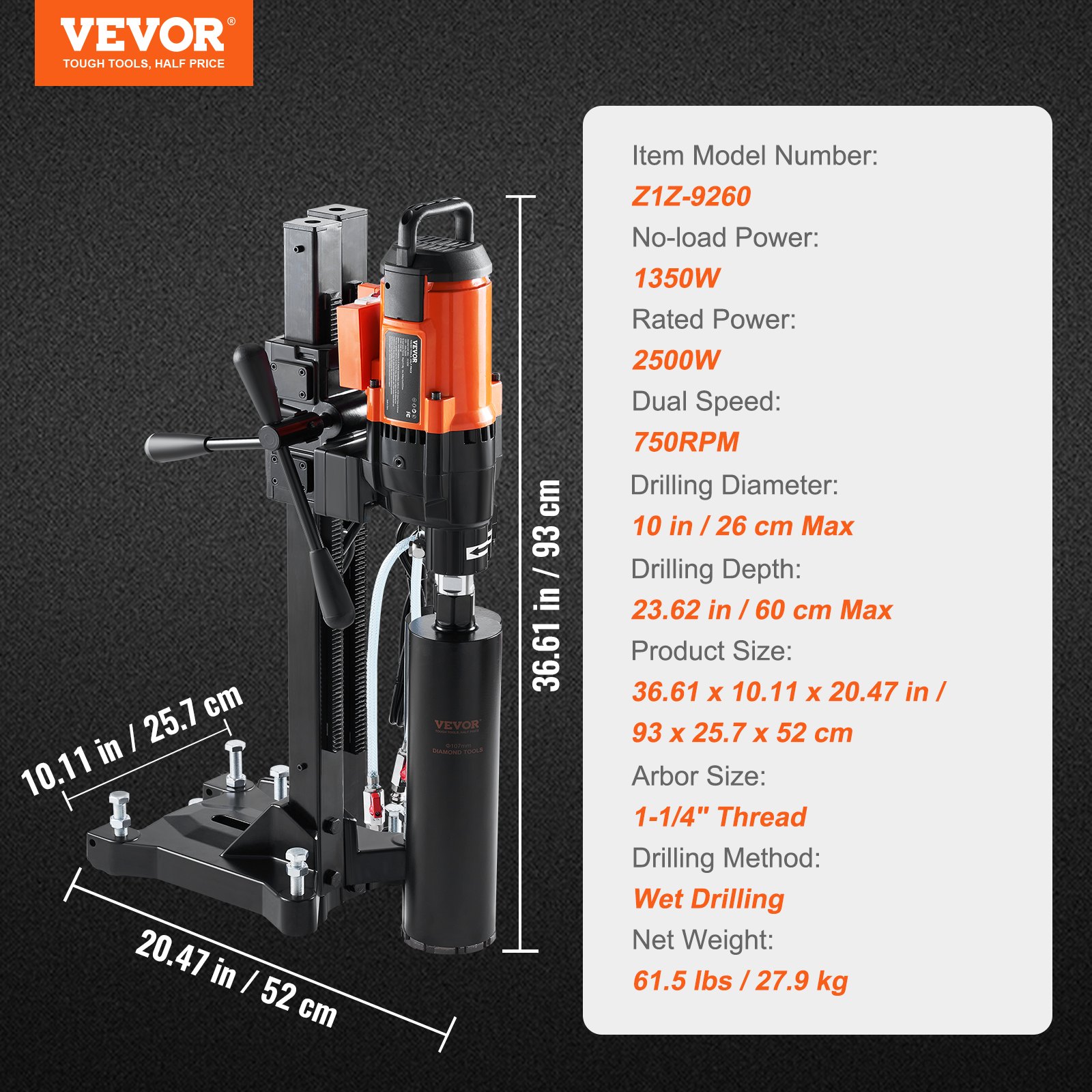VEVOR VEVOR Diamond Core Drilling Machine, 10in Wet Concrete Core Drill ...