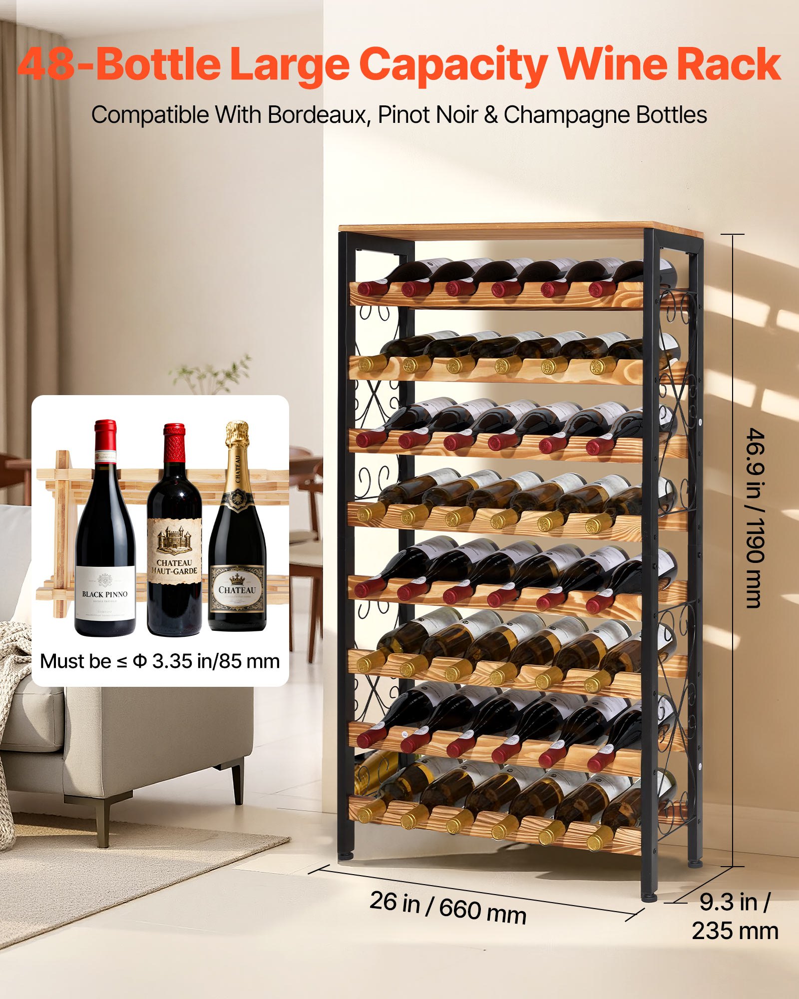 VEVOR 48 Bottle Wine Rack,8-Tier Iron Wine Bottle Holder With Wood ...