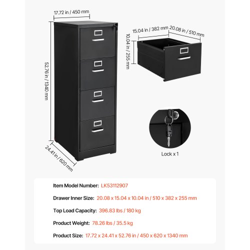 VEVOR 4 Drawer File Cabinet with Lock, Metal Vertical Filing Storage ...