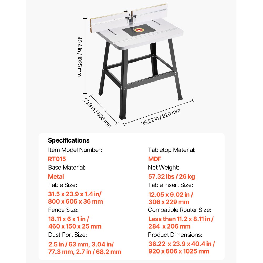 VEVOR Woodworking Router Table – 31.5 x 23.9 Inches, MDF Top
