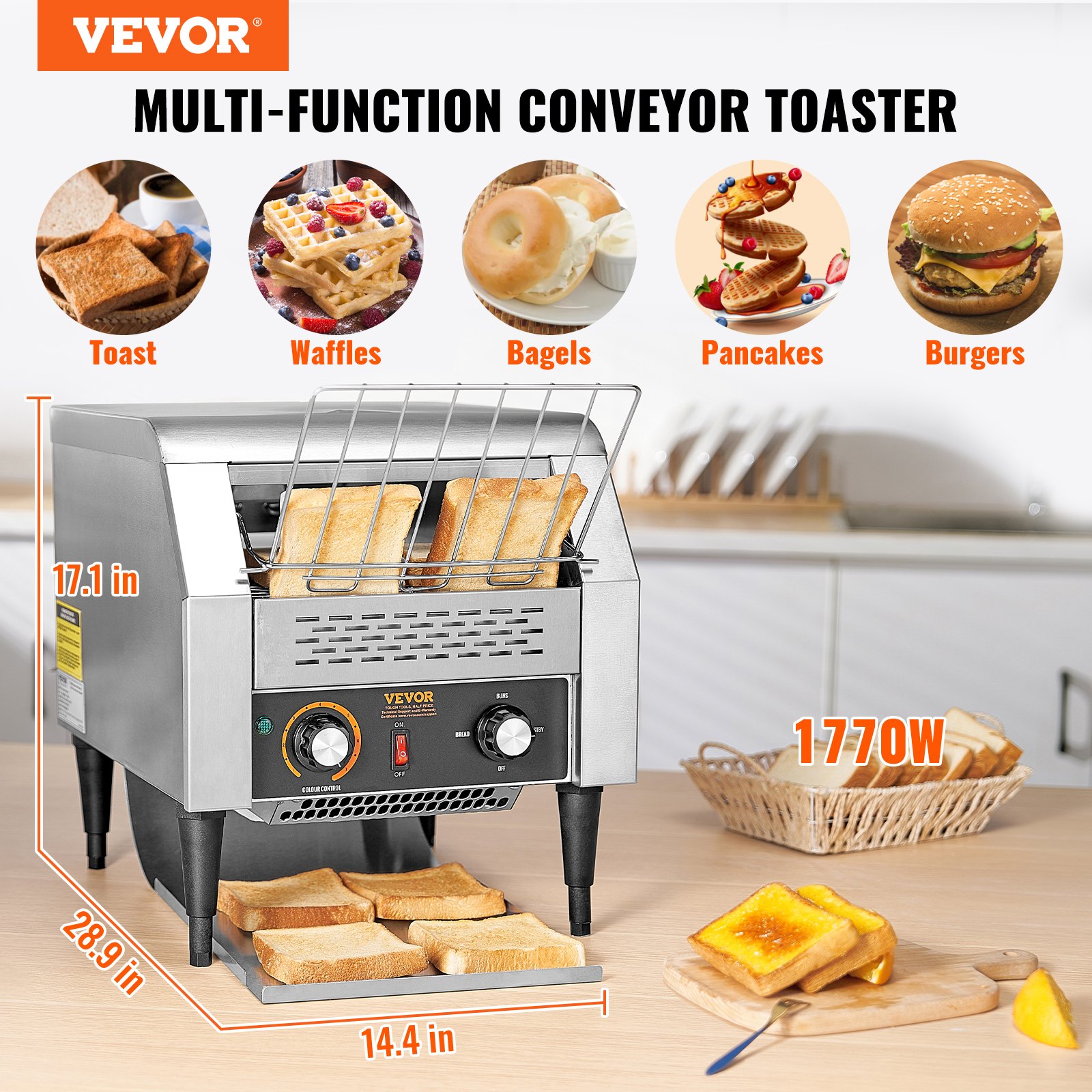 VEVOR Commercial Conveyor Toaster, 300 Slices/Hour Conveyor Belt ...