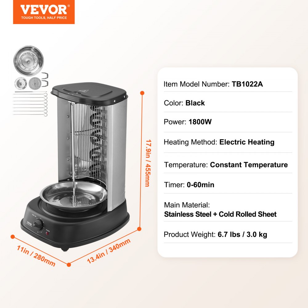 VEVOR Stainless Steel Shawarma Grill Machine Vertical Gyro Rotisserie ...