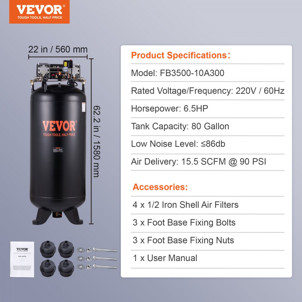 VEVOR 80 Gallon Air Compressor, 6.5HP 15.5SCFM@90 PSI, 2-Stage 145PSI ...