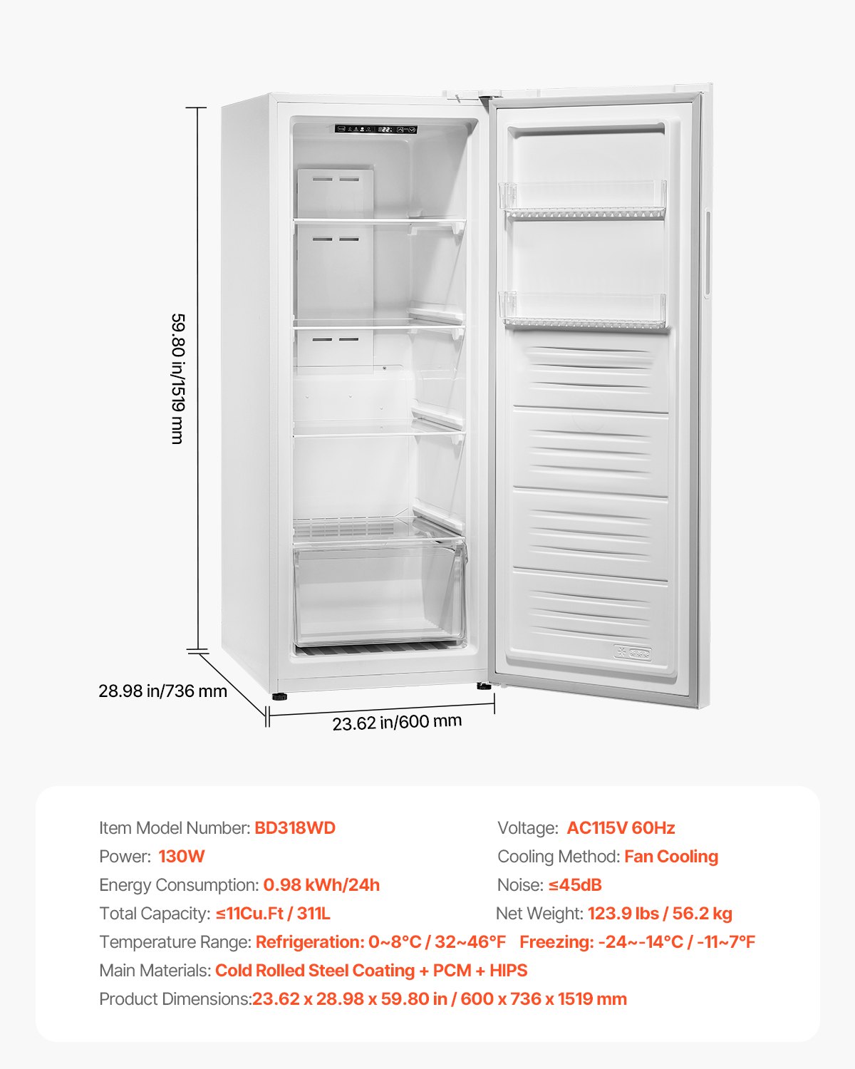 VEVOR Convertible Upright Freezer Refrigerator - 11 Cu.Ft.