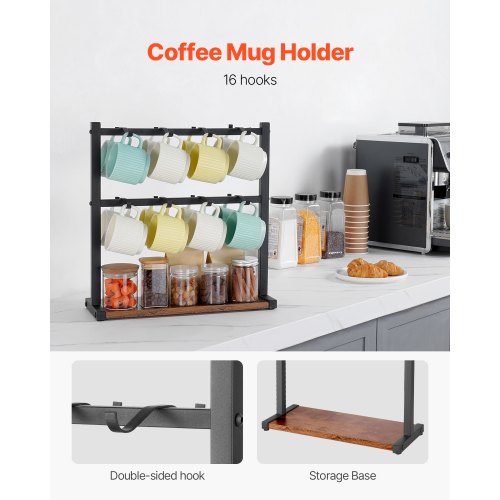Coffee Mug Holder for Countertop 16 Hooks Cup Rack Wood Storage Base ...
