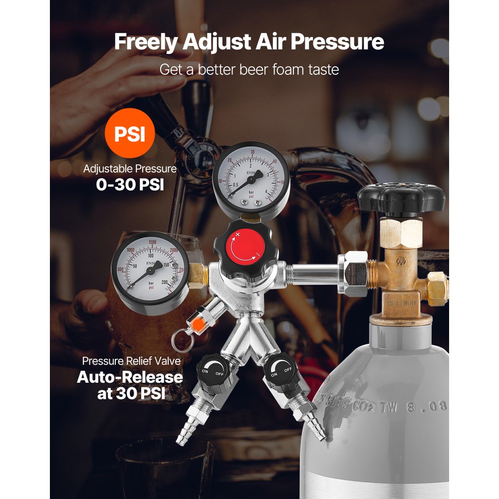 VEVOR CO2 Regulator, Dual-Gauge Dual-Valve Beer Keg Regulator, 0–60 PSI ...
