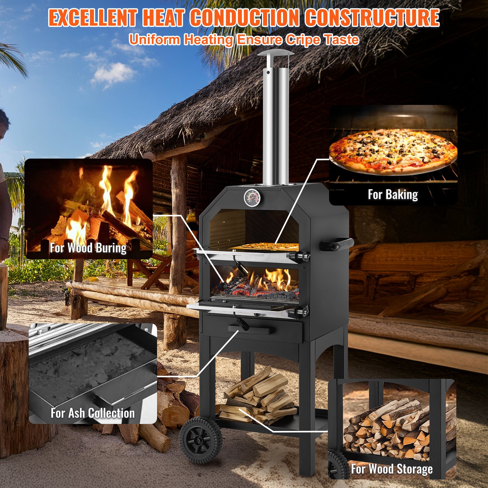 VEVOR Outdoor Pizza Oven, 12" Wood Fire Oven, 2-Layer Pizza Oven Wood ...