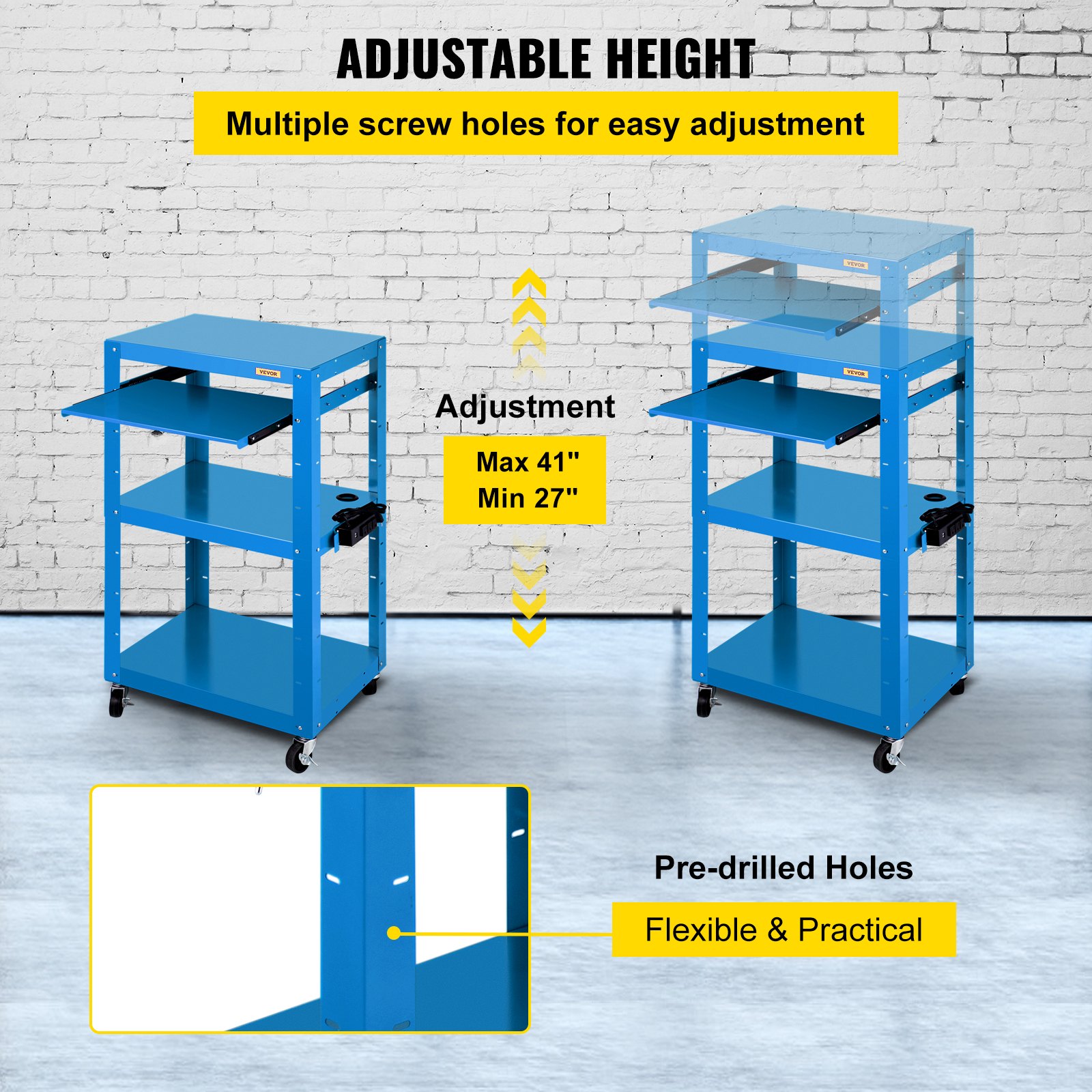 VEVOR Steel AV Cart, 27-41" Height Adjustable Media Cart with 19" x 14 ...