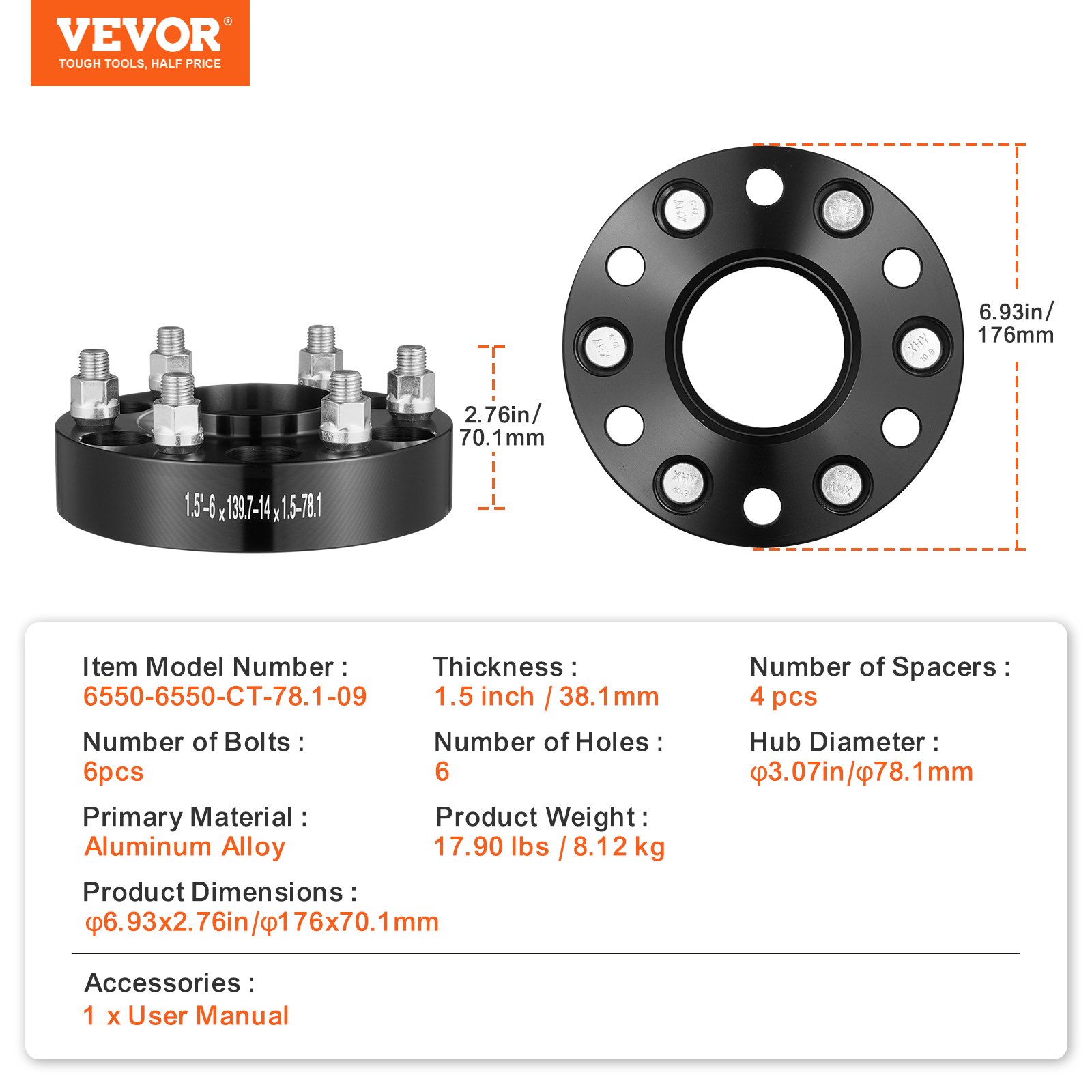 VEVOR 1.5" 6"x5" Wheel Spacers Wheel Adapters 6 Lug Forged Spacer 4 PCS ...