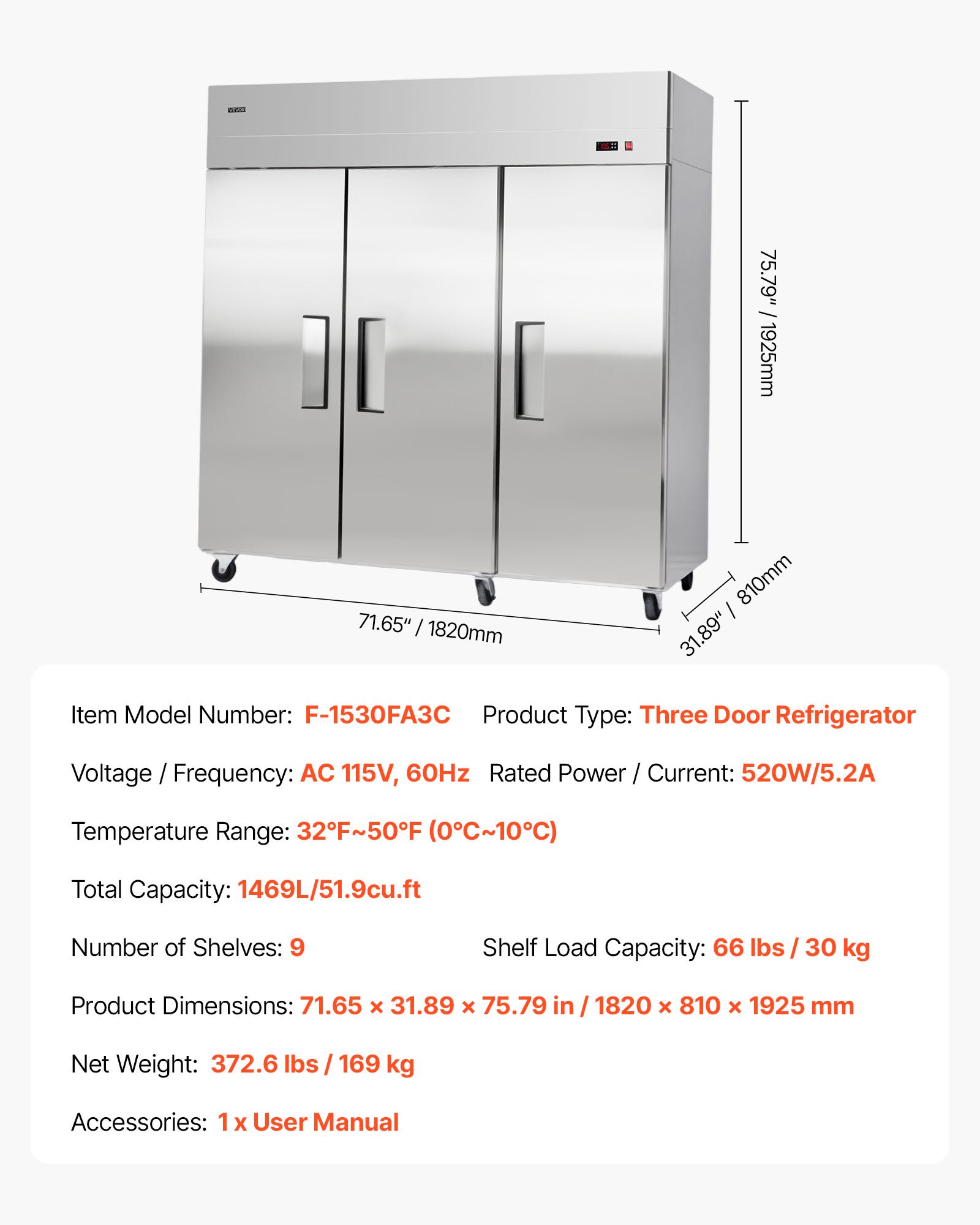 VEVOR Commercial Reach-In Refrigerator 72" W, 52 Cu.Ft Stainless Steel ...