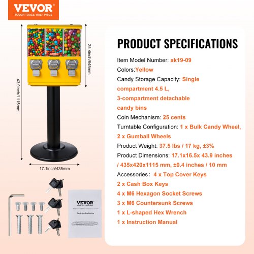 VEVOR Gumball Machine Vending Coin Bank Vintage Candy Dispenser Stand ...
