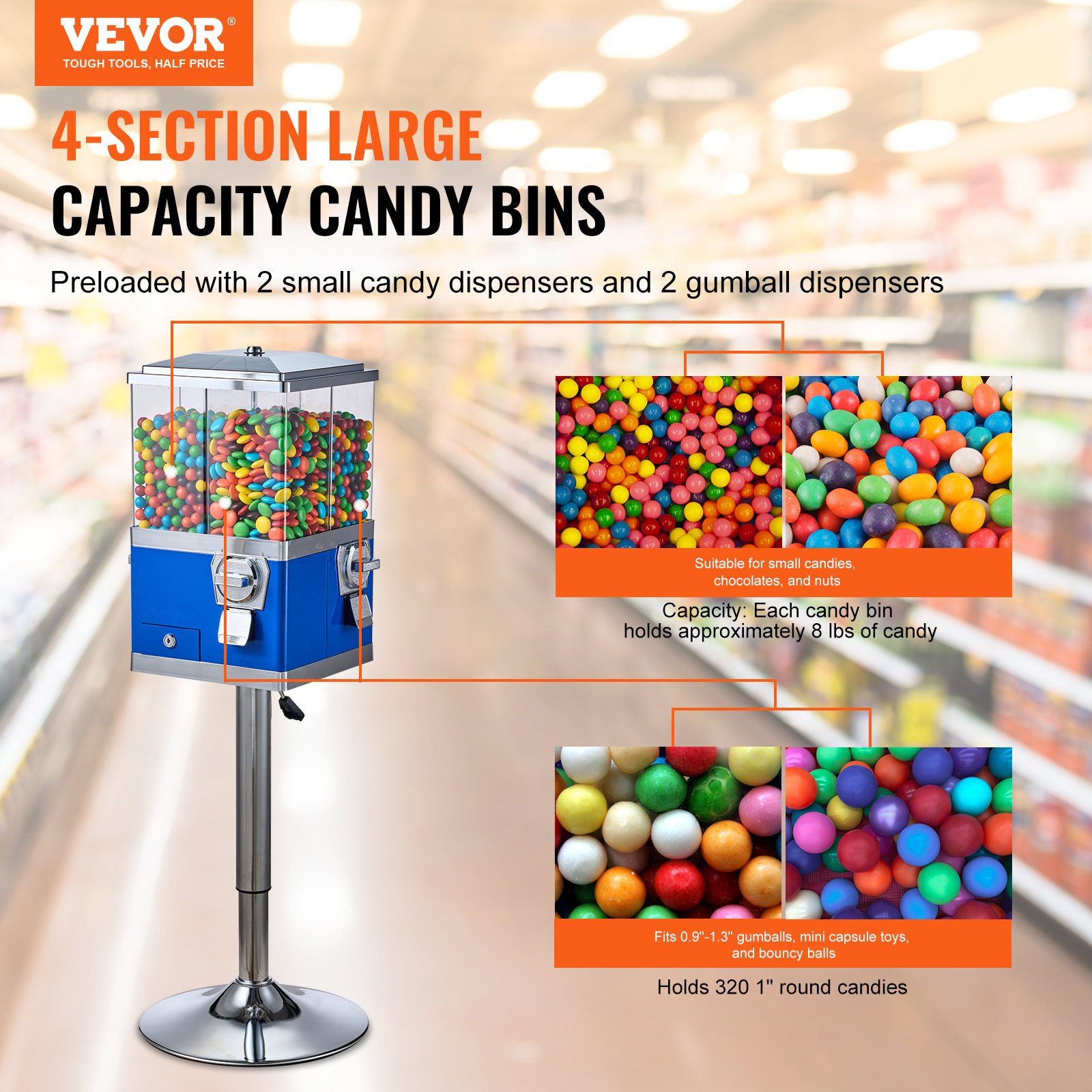 VEVOR Commercial Vending Machine, Four Compartment Rotatable Gumball ...
