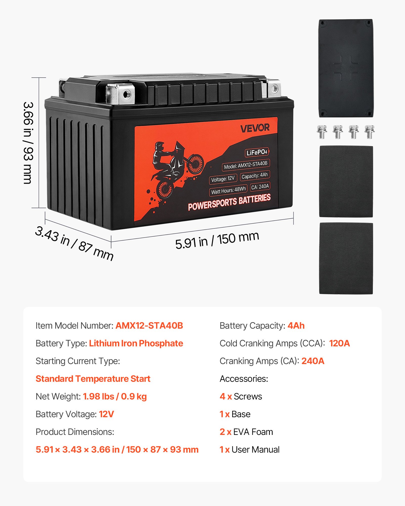 VEVOR 4Ah Battery 12V – LiFePO4 Battery, 1500 Charge Cycles