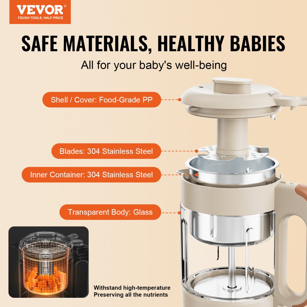 VEVOR Baby Food Maker, 500W Baby Food Processor with 300 ml Glass Bowl ...