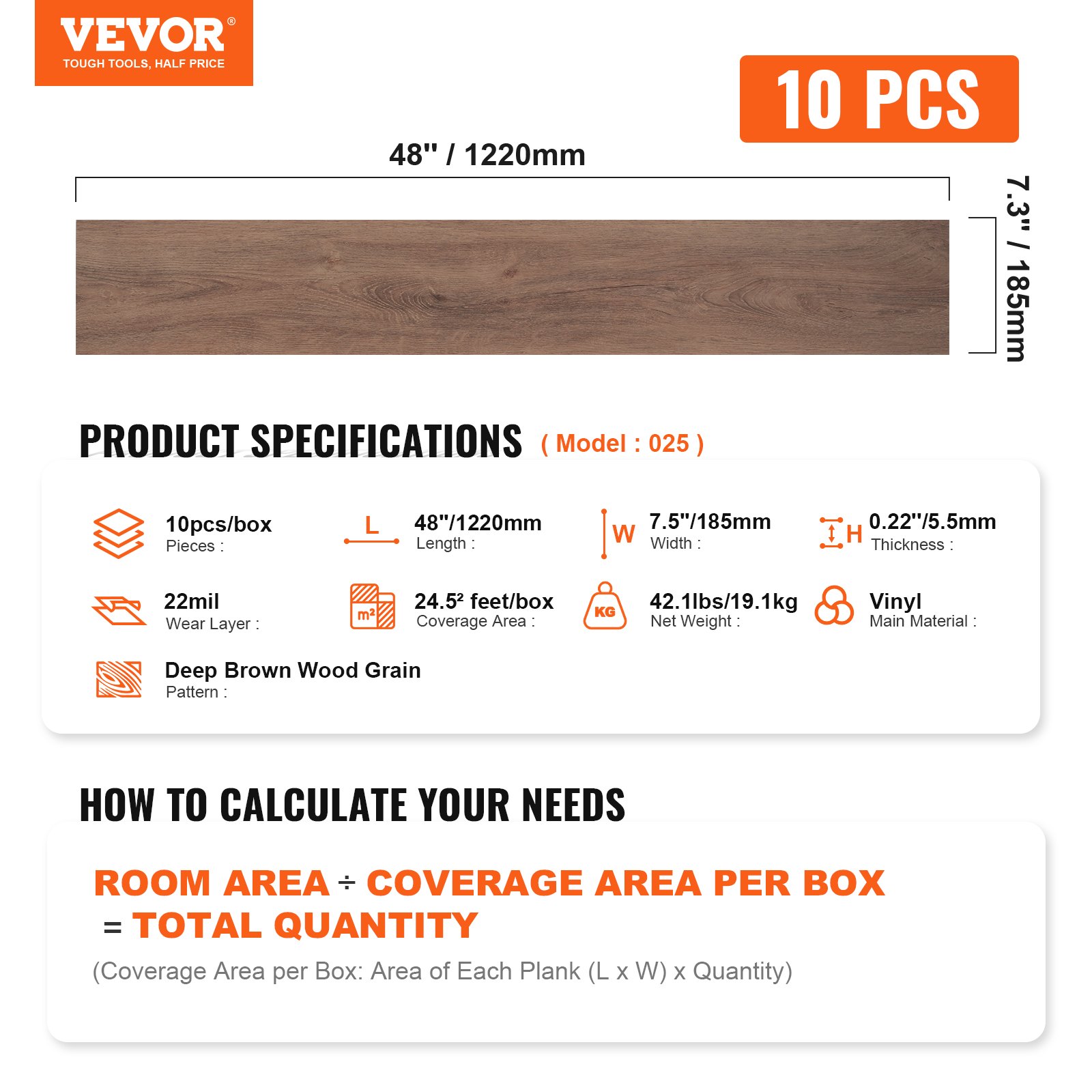 VEVOR Interlocking Vinyl Floor Tiles 48 x 7.3 inch, 10 Tiles 5.5mm ...