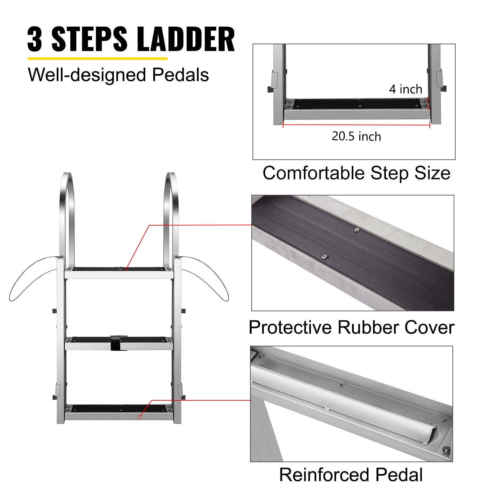 VEVOR Aluminum Dock Ladder 3-step, Boat Ladder 330lbs Weight Capacity ...