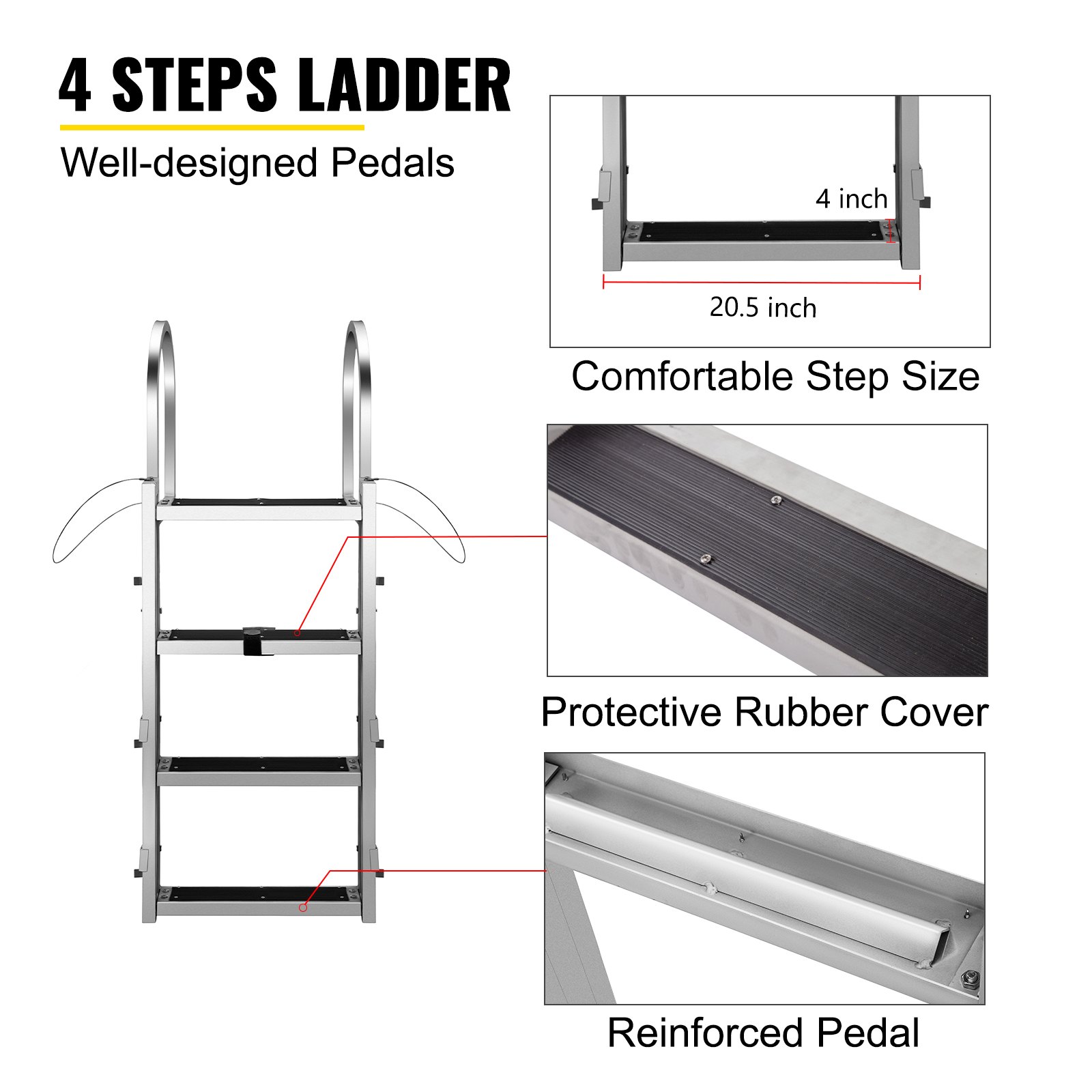 VEVOR Aluminum Dock Ladder 4-step, Boat Ladder 330lbs Weight Capacity ...