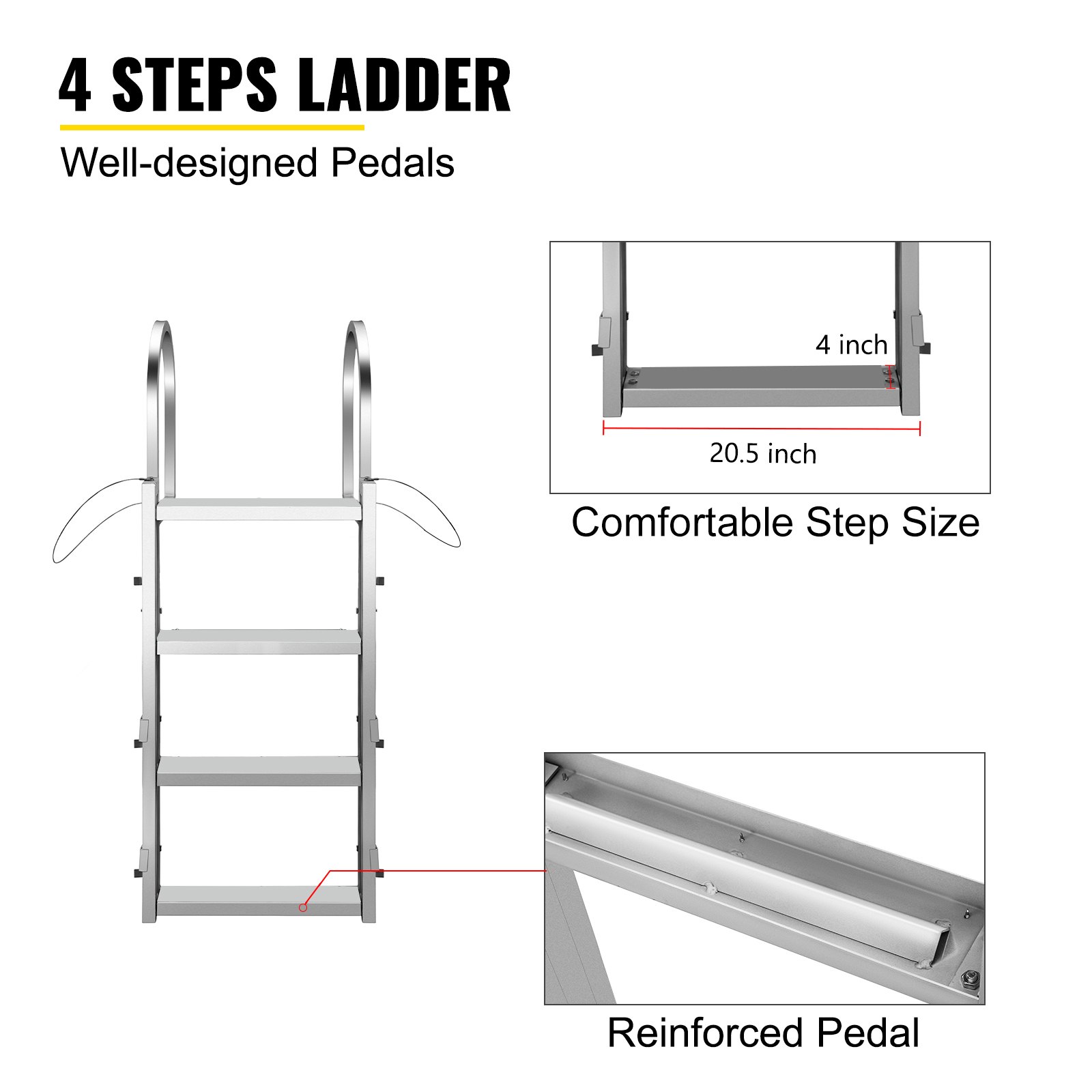 VEVOR Aluminum Dock Ladder 4-step, Boat Ladder 330lbs Weight Capacity ...