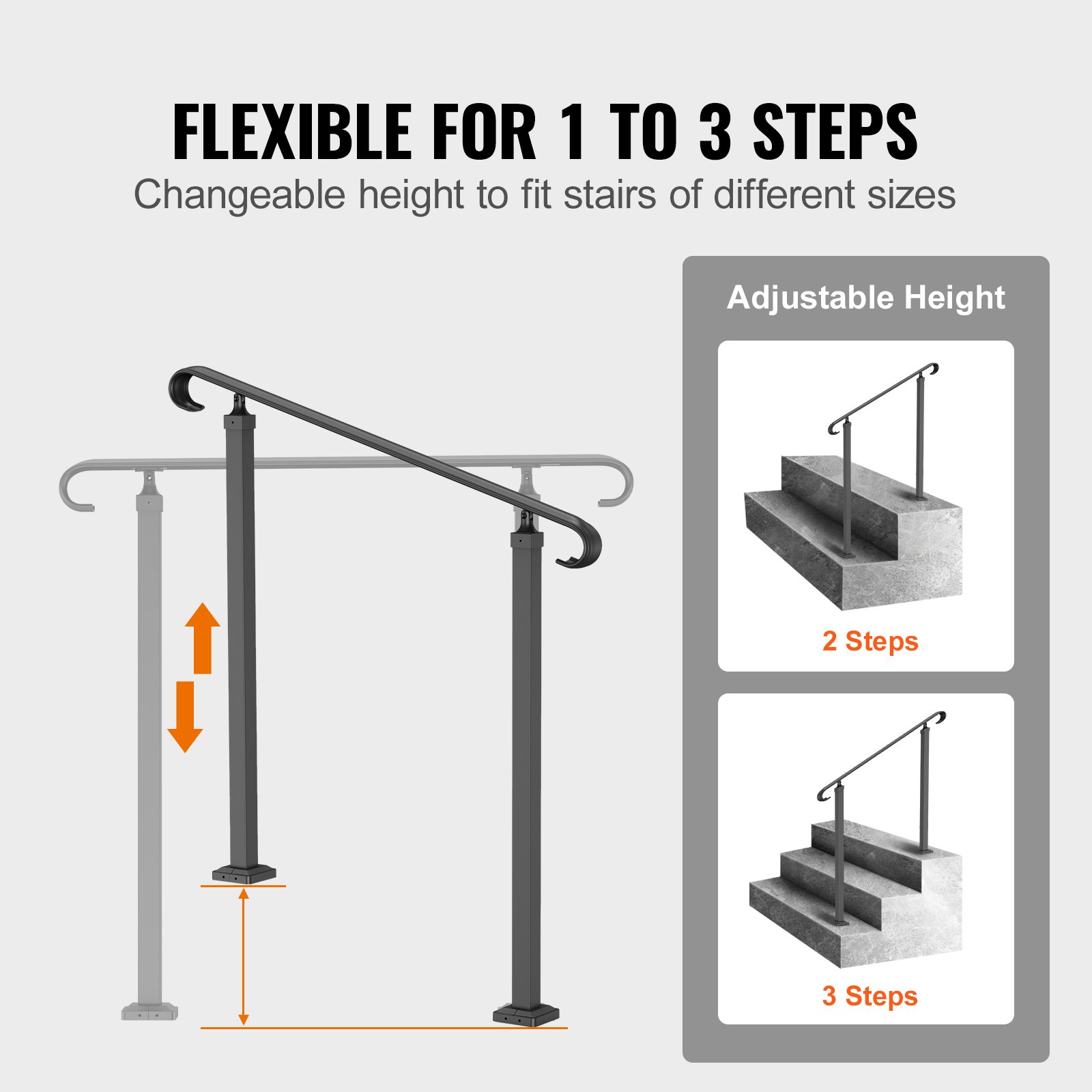 VEVOR Wrought Iron Handrail, Fit 1 or 2 Steps Outdoor Stair Railing ...