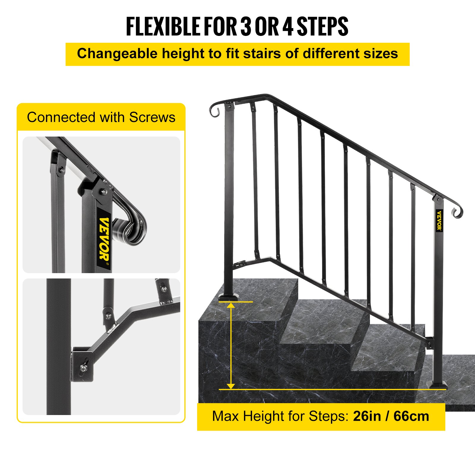 VEVOR Handrails for Outdoor Steps, Fit 3 or 4 Steps Outdoor Stair ...