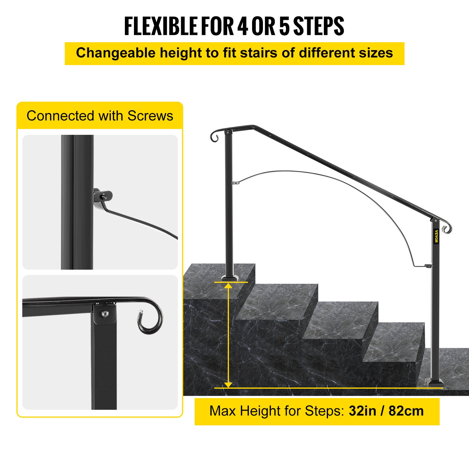 VEVOR Handrails for Outdoor Steps, Fit 4 or 5 Steps Outdoor Stair ...