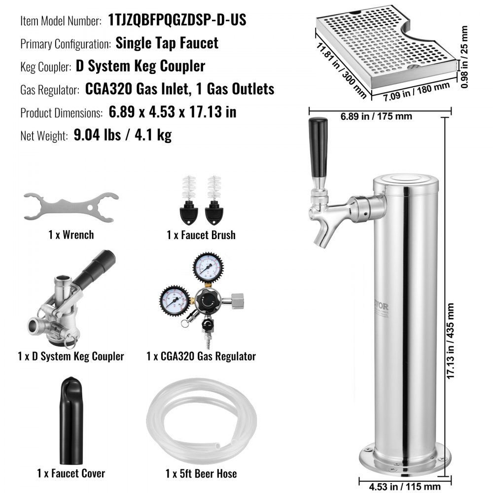 VEVOR Kegerator Tower Kit, Single Tap Beer Conversion Kit, Stainless ...