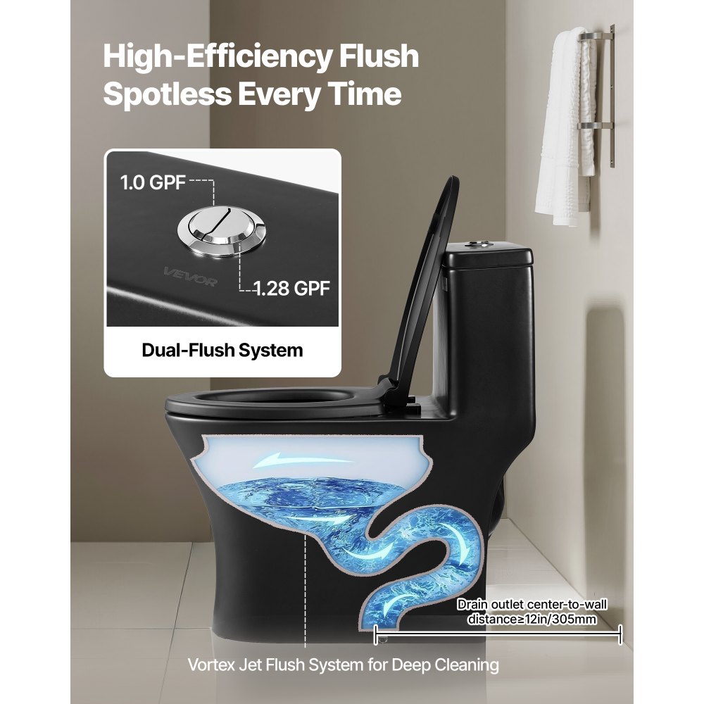 VEVOR Black Elongated Toilet – 1.0/1.28 GPF, 17.52", 99 lbs