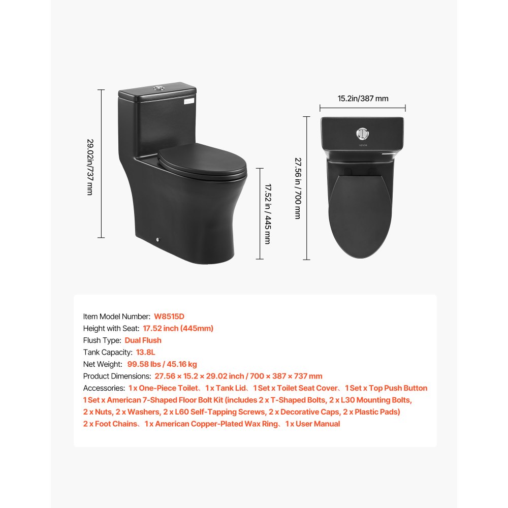 VEVOR Black Elongated Toilet – 1.0/1.28 GPF, 17.52", 99 lbs
