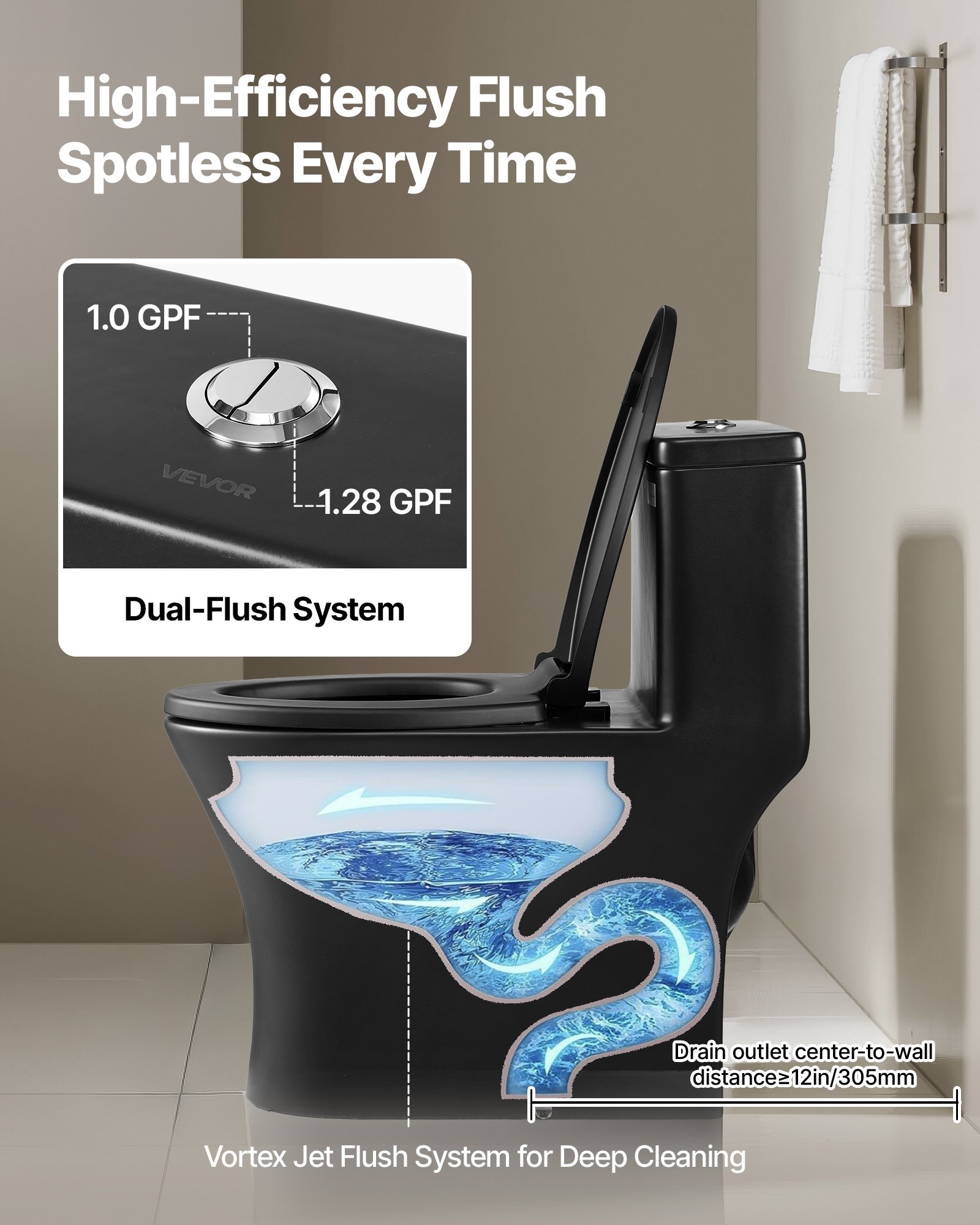 VEVOR Black Elongated Toilet – 1.0/1.28 GPF, 17.52", 99 lbs