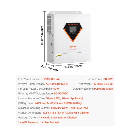 Hybrid Solar Inverter Charger 3000W 110/120V with Built-in 100A MPPT ...