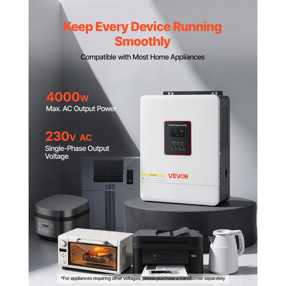 VEVOR 4000W Hybrid Solar Inverter, 24V DC to 230V AC, Pure Sine Wave ...