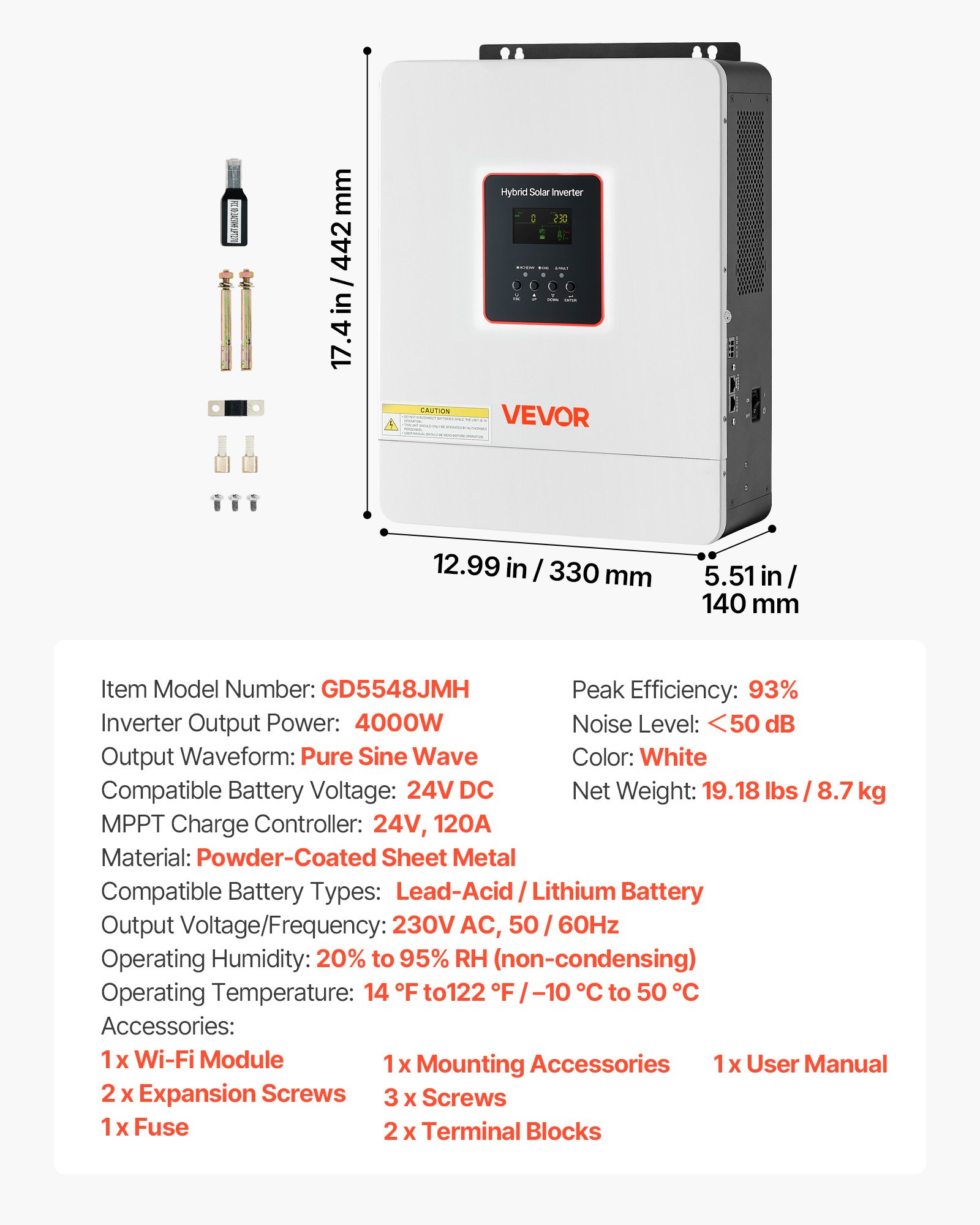 VEVOR Off Grid Hybrid Solar Inverter – 4000W, 24V System