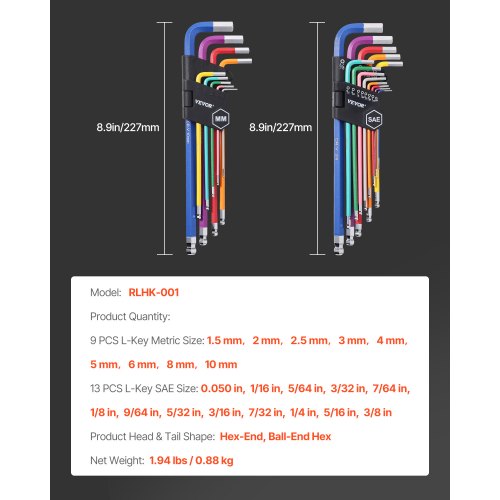 VEVOR Hex Key Allen Wrench Set 22pcs SAE and Metric Long Arm Ball End ...