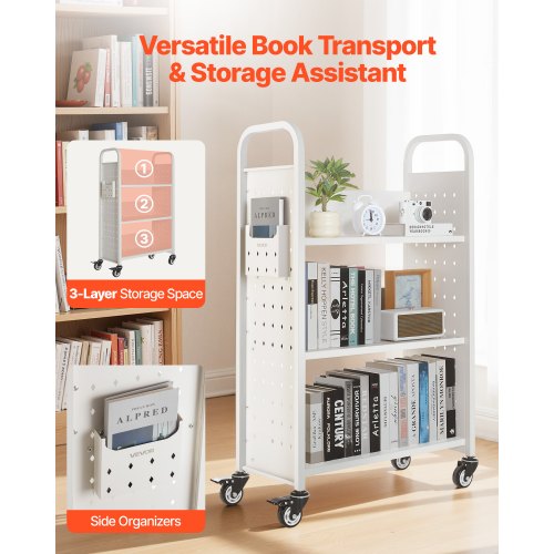 VEVOR 3-Tier Rolling Book Cart Single Sided L-Shaped Shelves Book Truck ...
