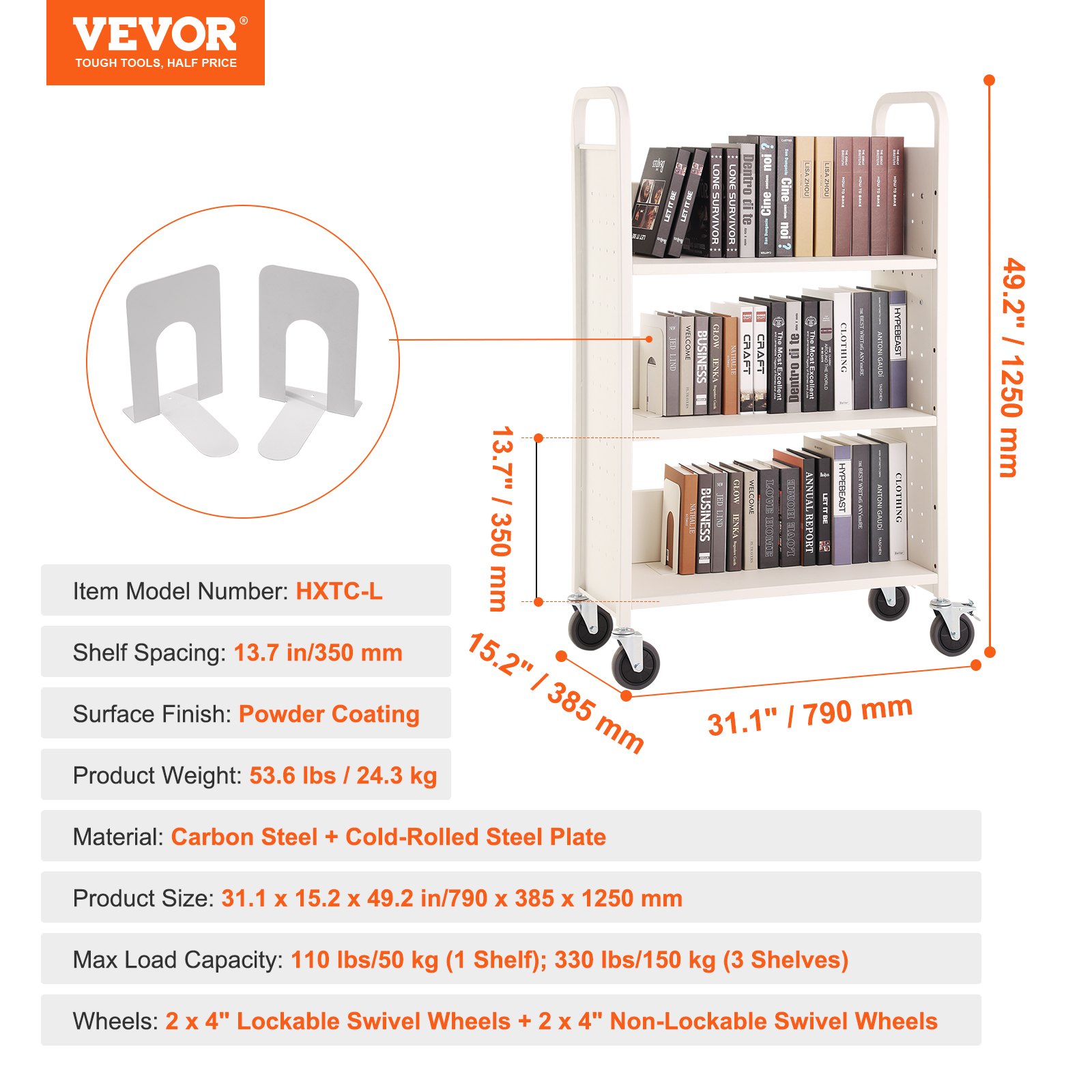 VEVOR Book Cart, 330 lbs Library Cart, 31.1" x 15.2" x 49.2" Rolling ...