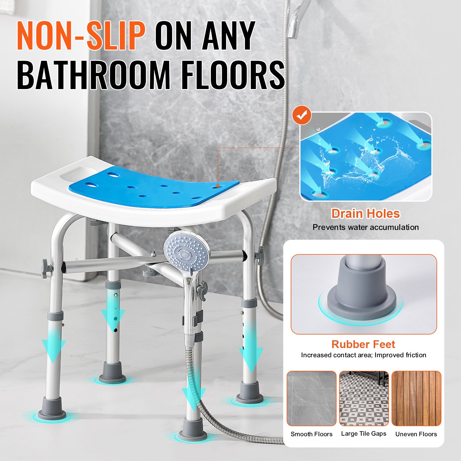 VEVOR Shower Chair for Inside Shower, Adjustable Height Shower Stool ...
