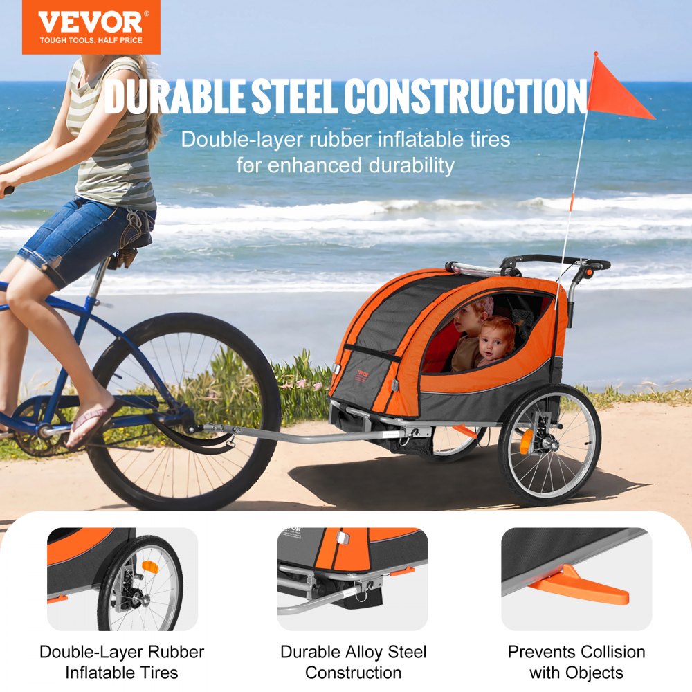 VEVOR Bike Trailer for Toddlers, Kids, Double Seat, 100 lbs Load, 2-In ...