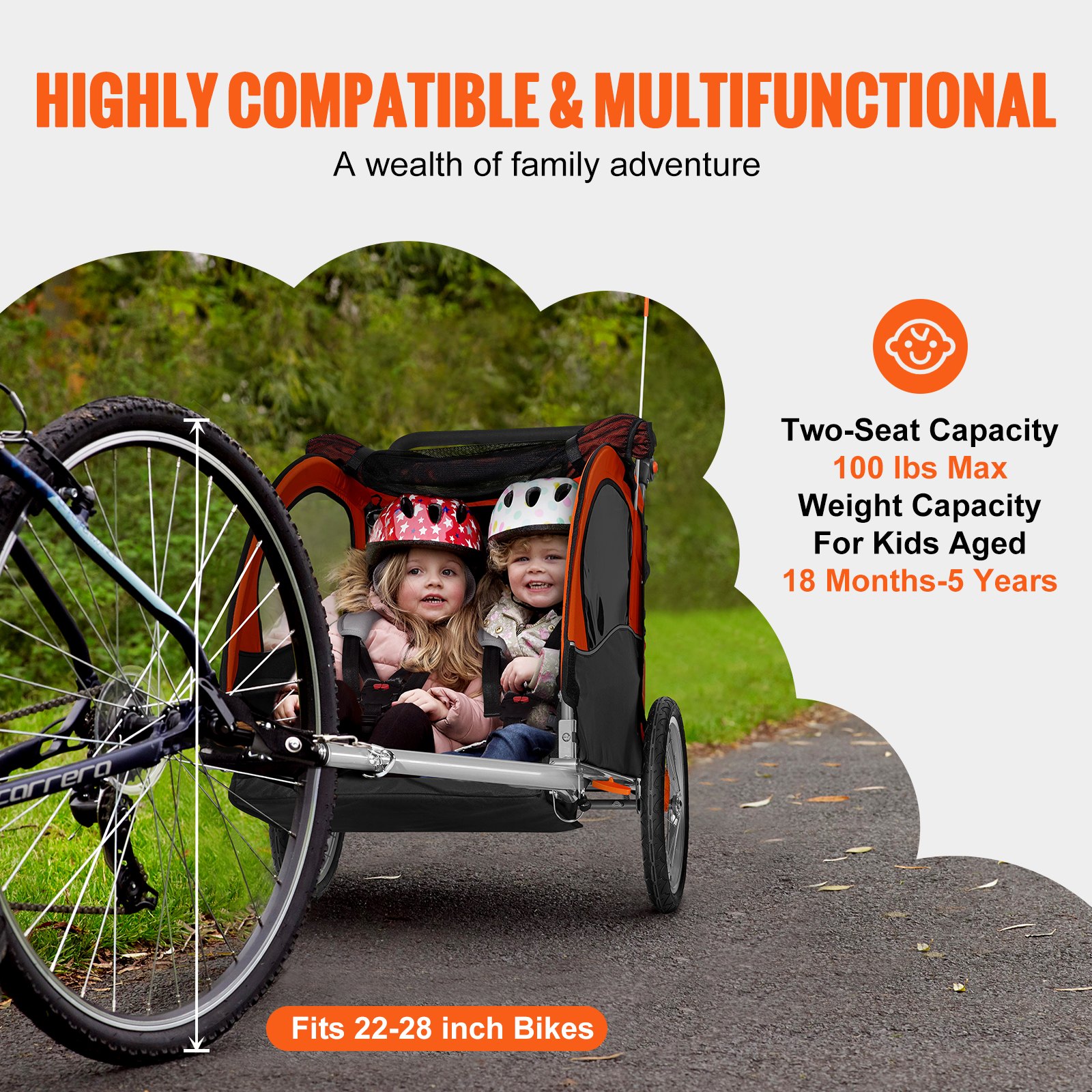 VEVOR Bike Trailer for Toddlers, Kids, Double Seat, 100 lbs Load, 2-In ...