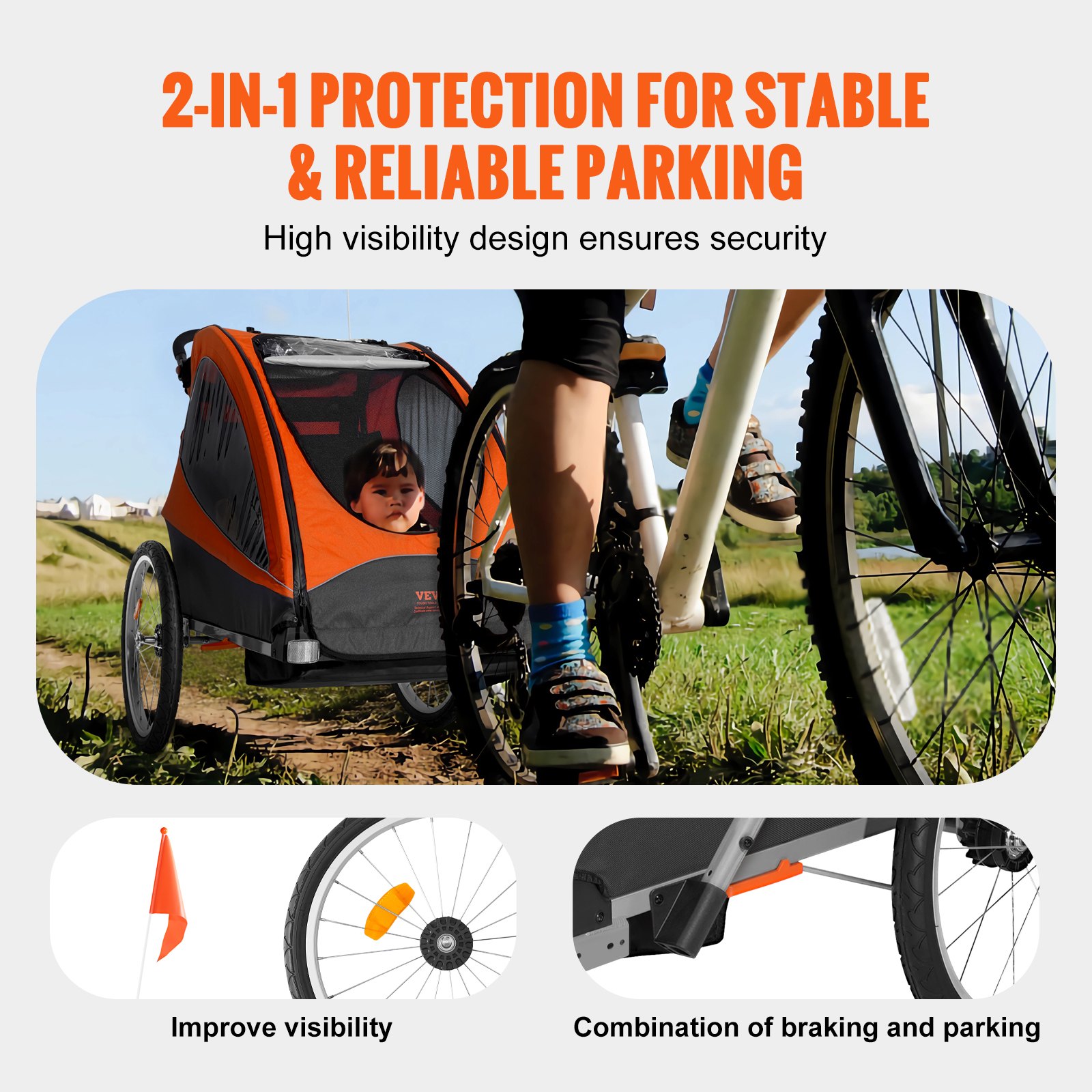 VEVOR Bike Trailer for Toddlers, Kids, Double Seat, 100 lbs Load, 2-In ...