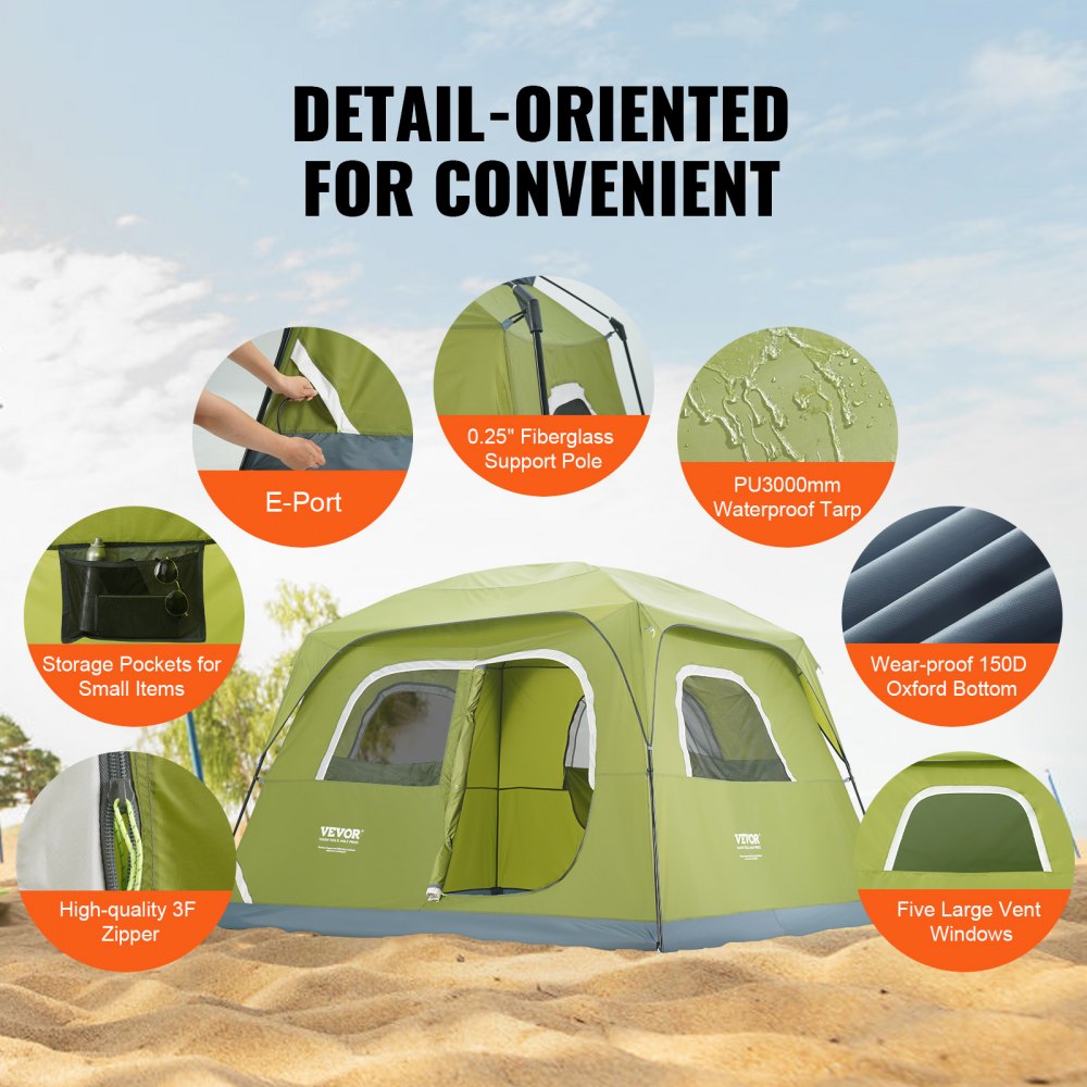VEVOR Camping Tent, 10 x 9 x 6.5 ft Fit for 6 Person, Waterproof ...