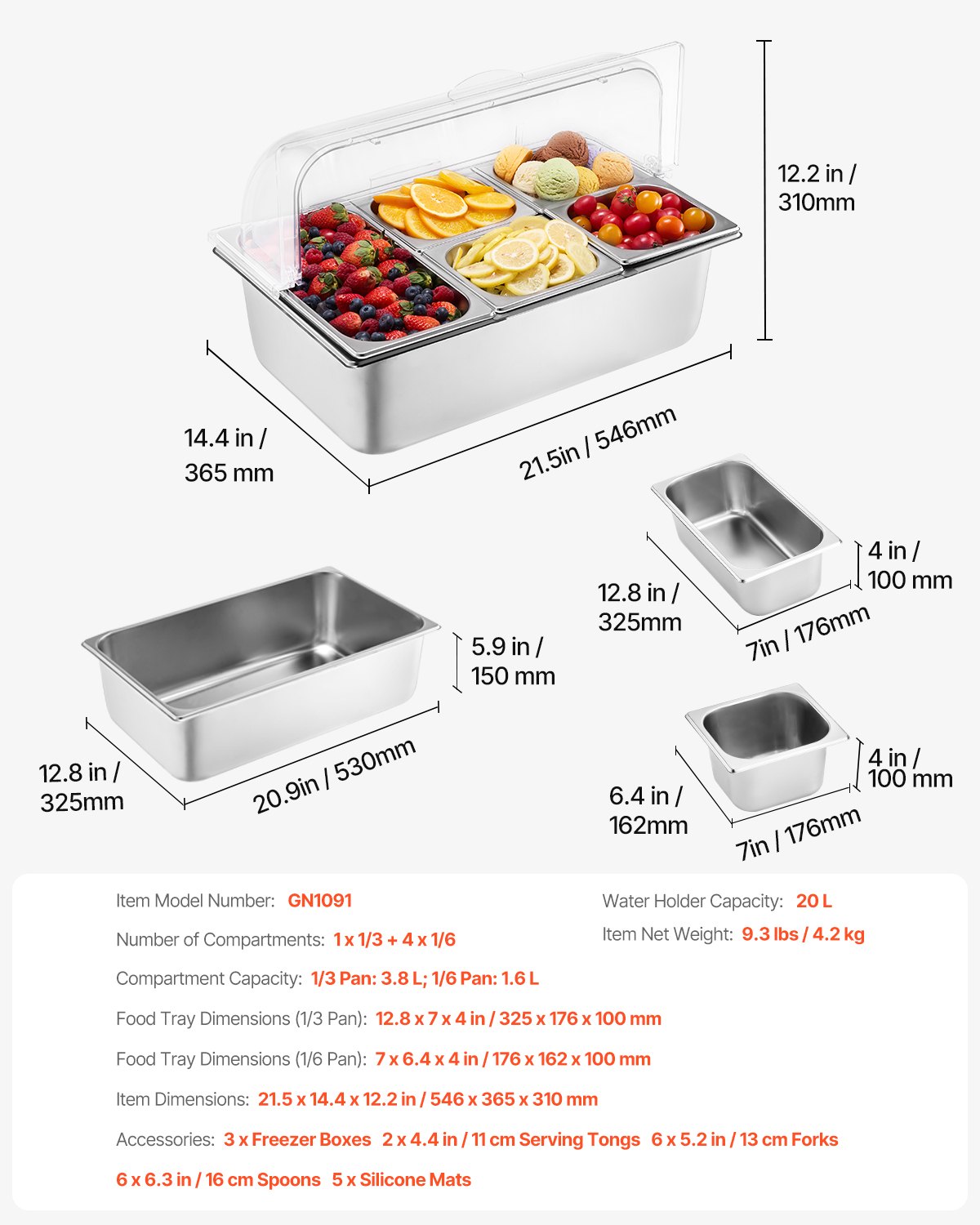 VEVOR Buffet Container – 5 Pan, 3 Freezer Box Food Display