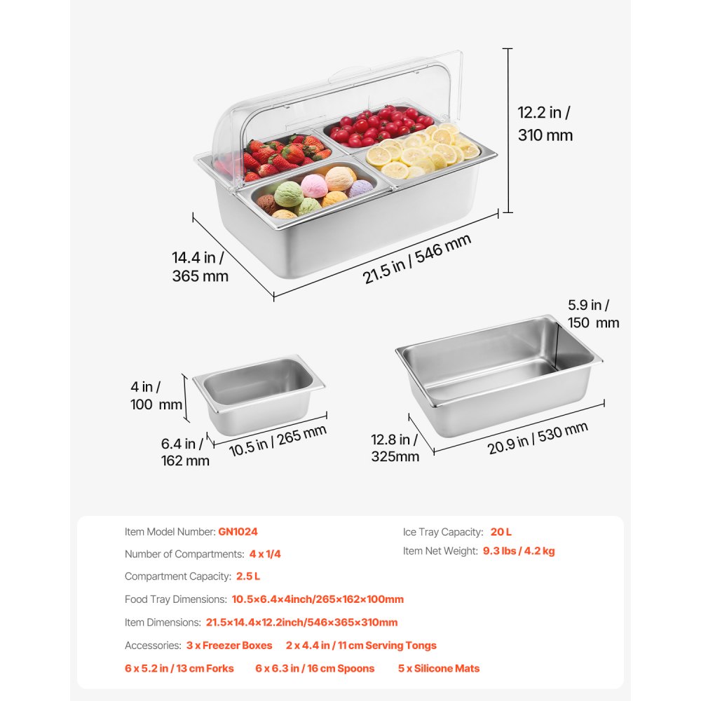 VEVOR Cold Food Buffet Server – 3 Pans, 2 Covers, 1 Stand